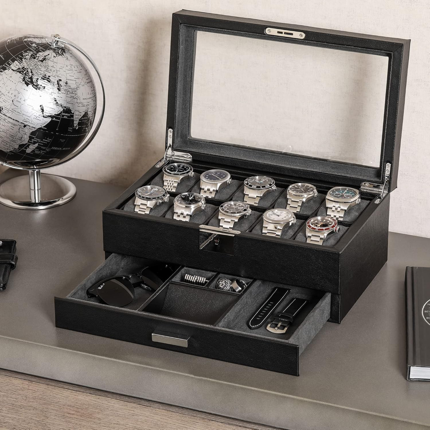 ATC CABINETS 10-Slot Watch Box in Leather with Valet Drawer, Luxury ...