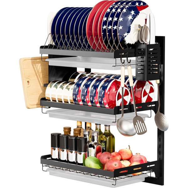 BY Family 3-Tier Wall Mounted Dish Drainer Rack With Utensil Organizer ...
