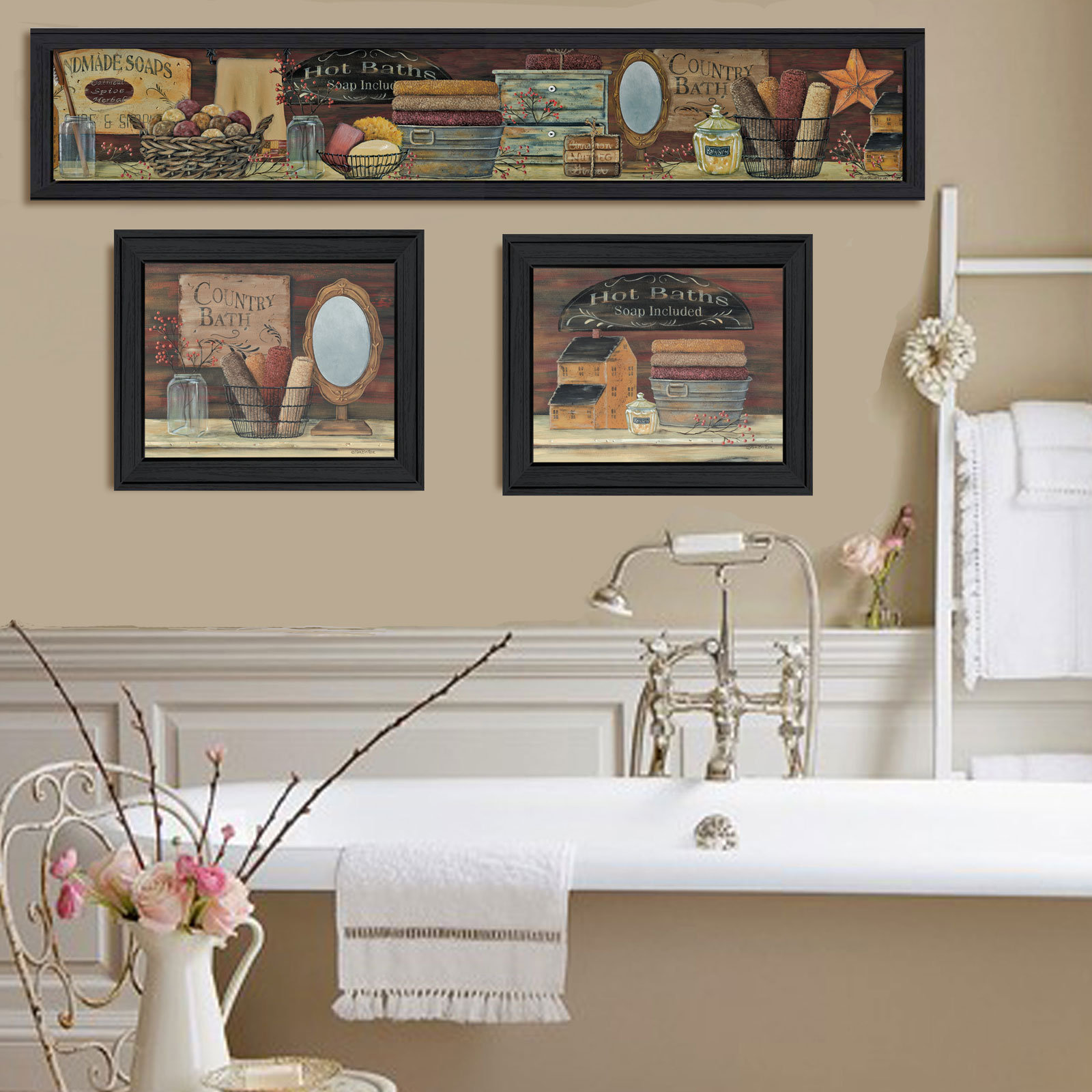 Trendy Decor 4U Country Bath II 3-Piece Vignette Framed Wall Art for ...