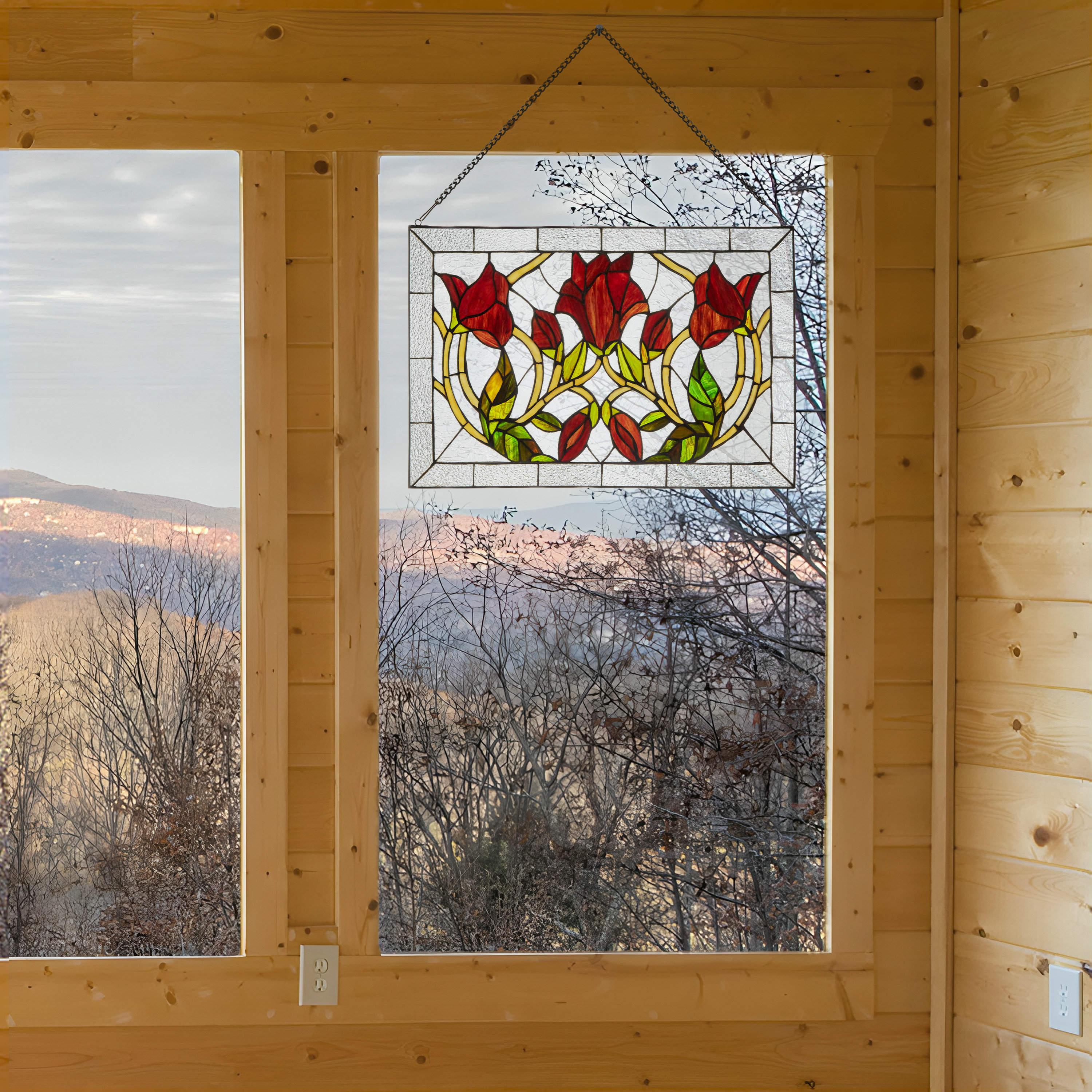 Fleur De Lis Living 16"H Floral Vines Multicolored Stained Glass Window ...