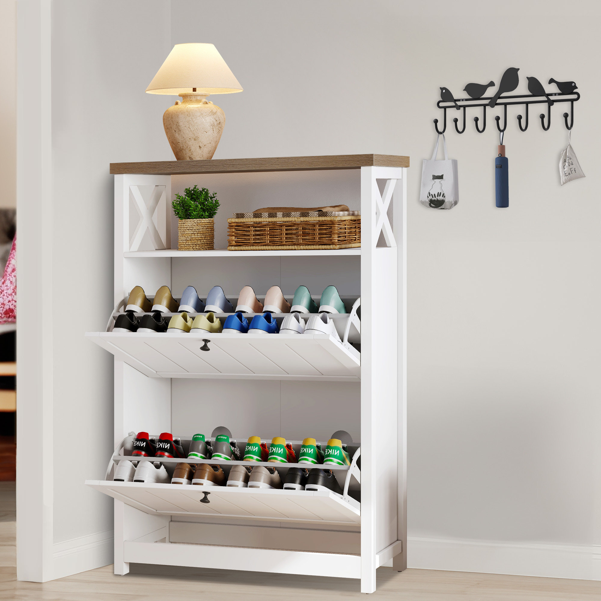 Lark Manor 16 Pairs Tipping Bucket Shoe Storage Cabinet with 2-Storage ...