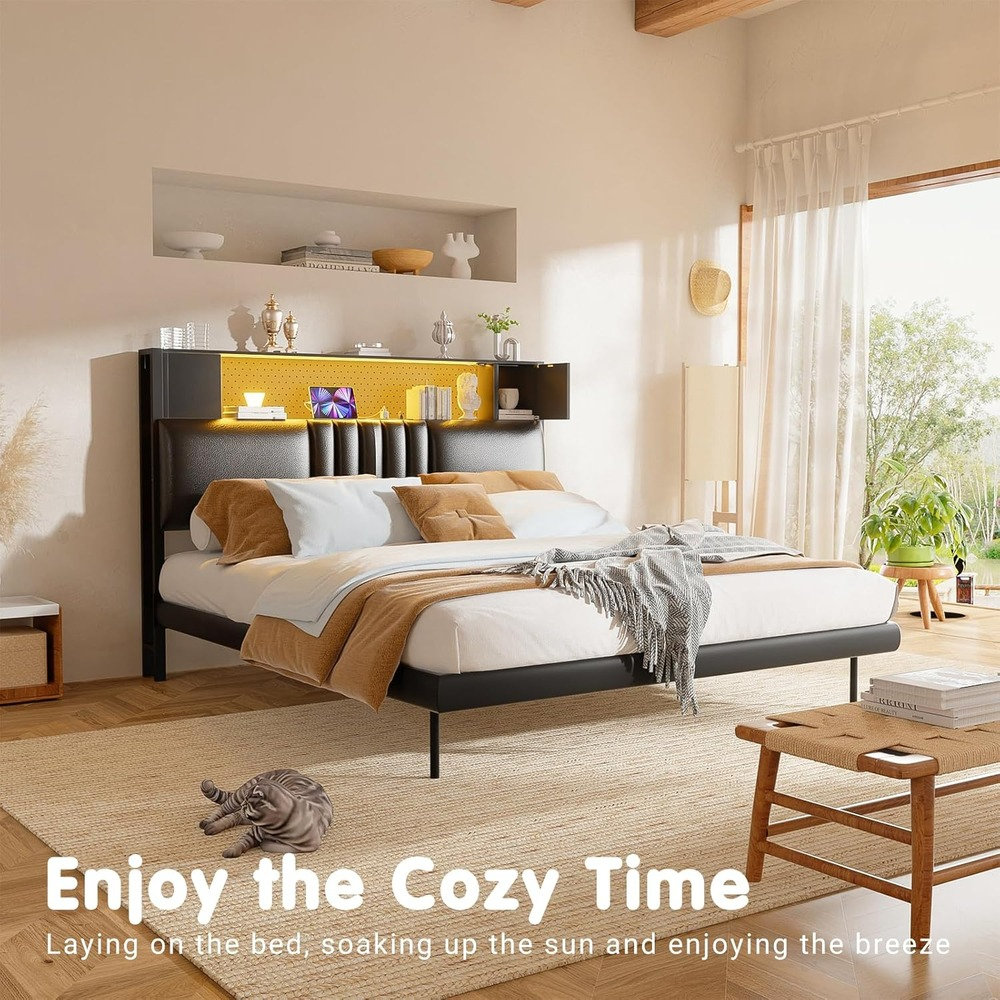 Ivy Bronx Upholstered Headboard For Full Bed Frame With Storage Shelf ...