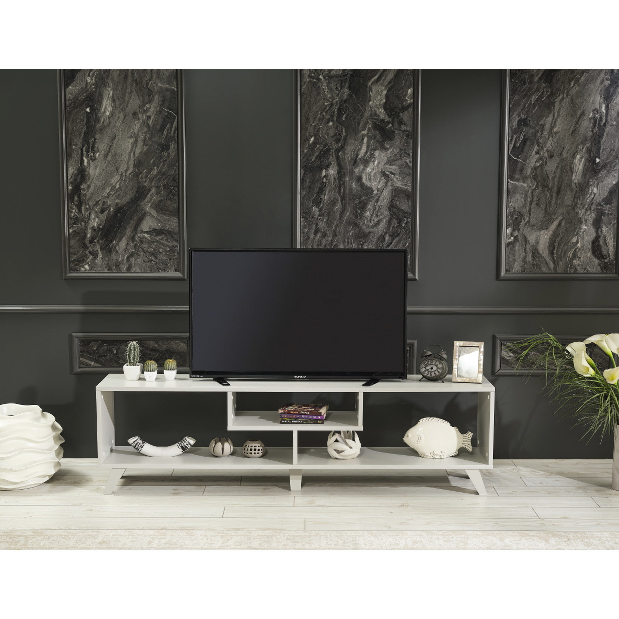 Latitude Run® Grey Tv Stand With Open Shelving, 67 Inch Mid Century ...