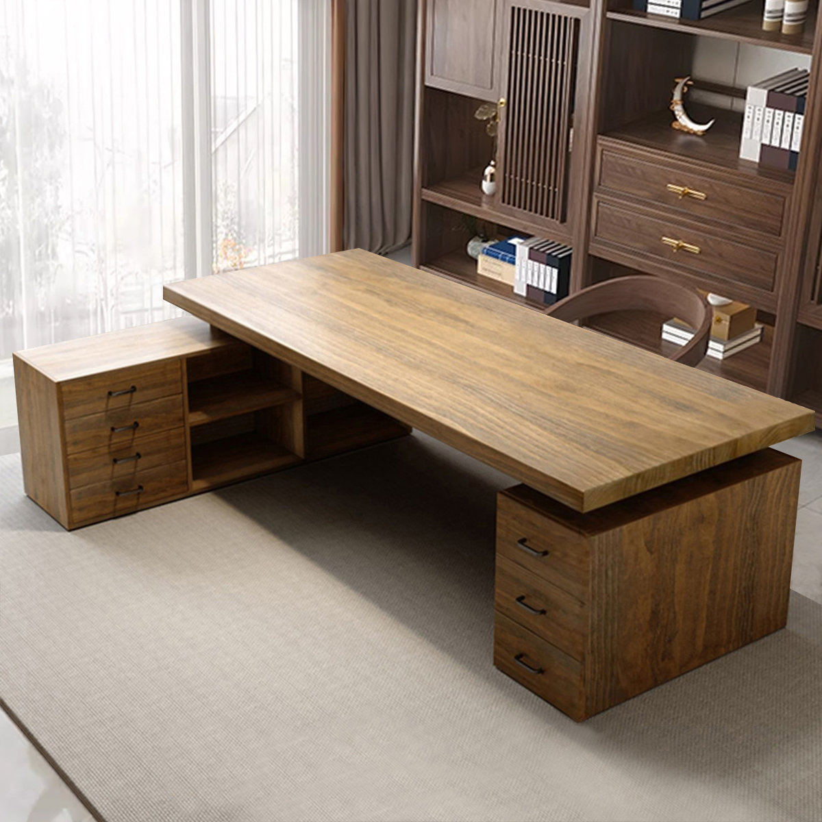 Dwelling Living Light Walnut Color L-Shaped Solid Wood with 7 drawers ...