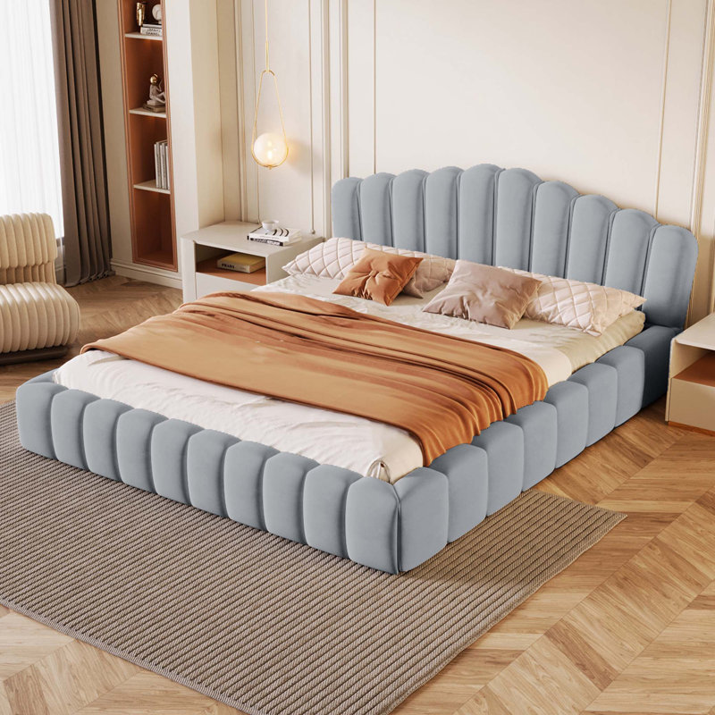 House of Hampton® Velvet Upholstered Queen Bed Frame Shell-Shaped ...