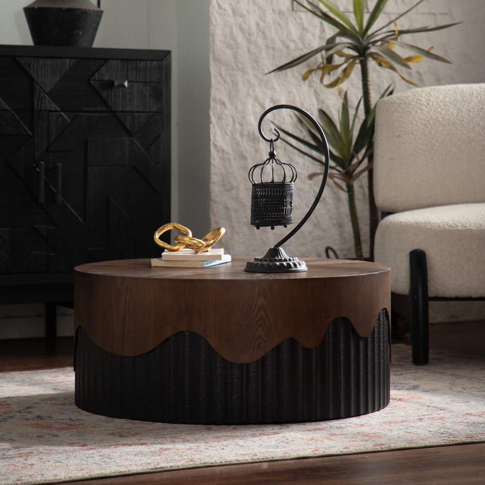 Hokku Designs Round Coffee Table with Handcrafted Relief, Sturdy ...