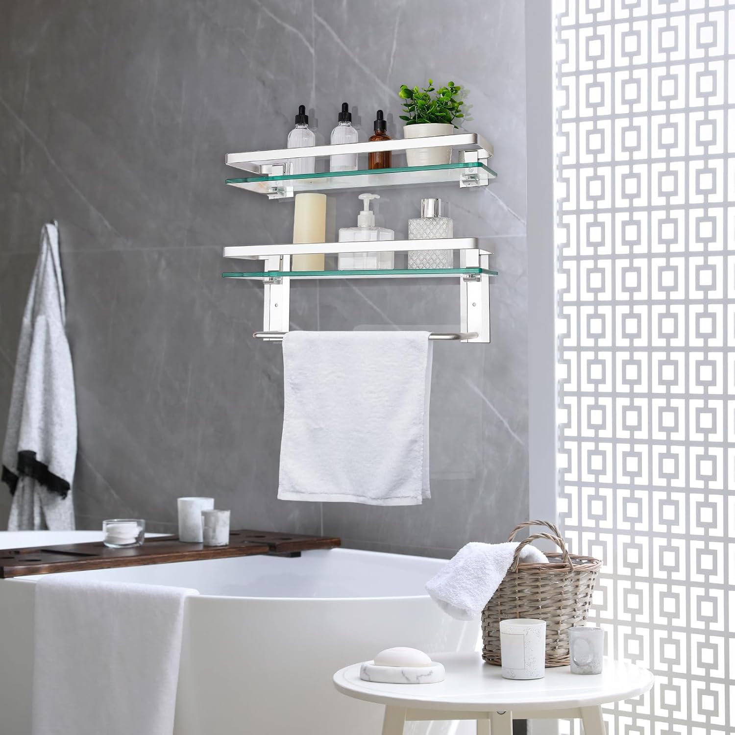 Latitude Run® Contemporary Bathroom Floating Glass Shelves With Towel ...