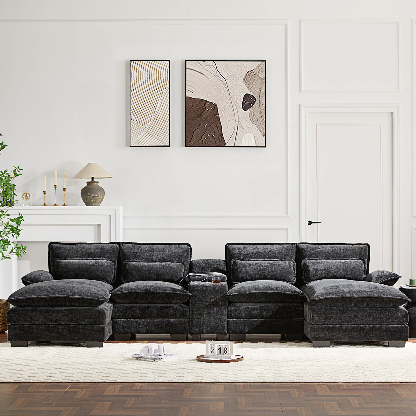 Orren Ellis Modern U-Shaped Sectional Sofa With Console, Cup Holders ...