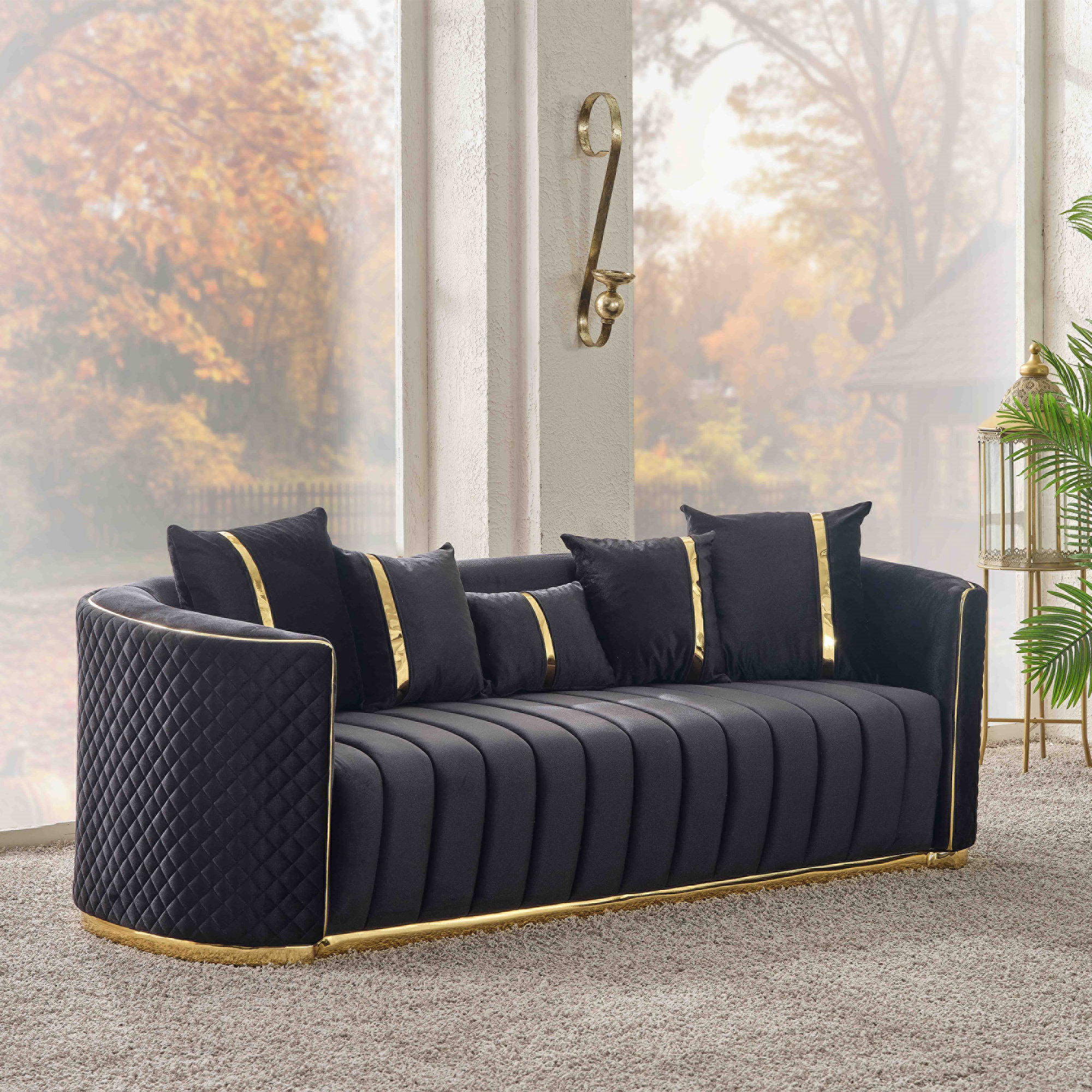 Everly Quinn Black Velvet Tufted Sofa With Gold Metal Base – Modern Glam Living Room Statement ...