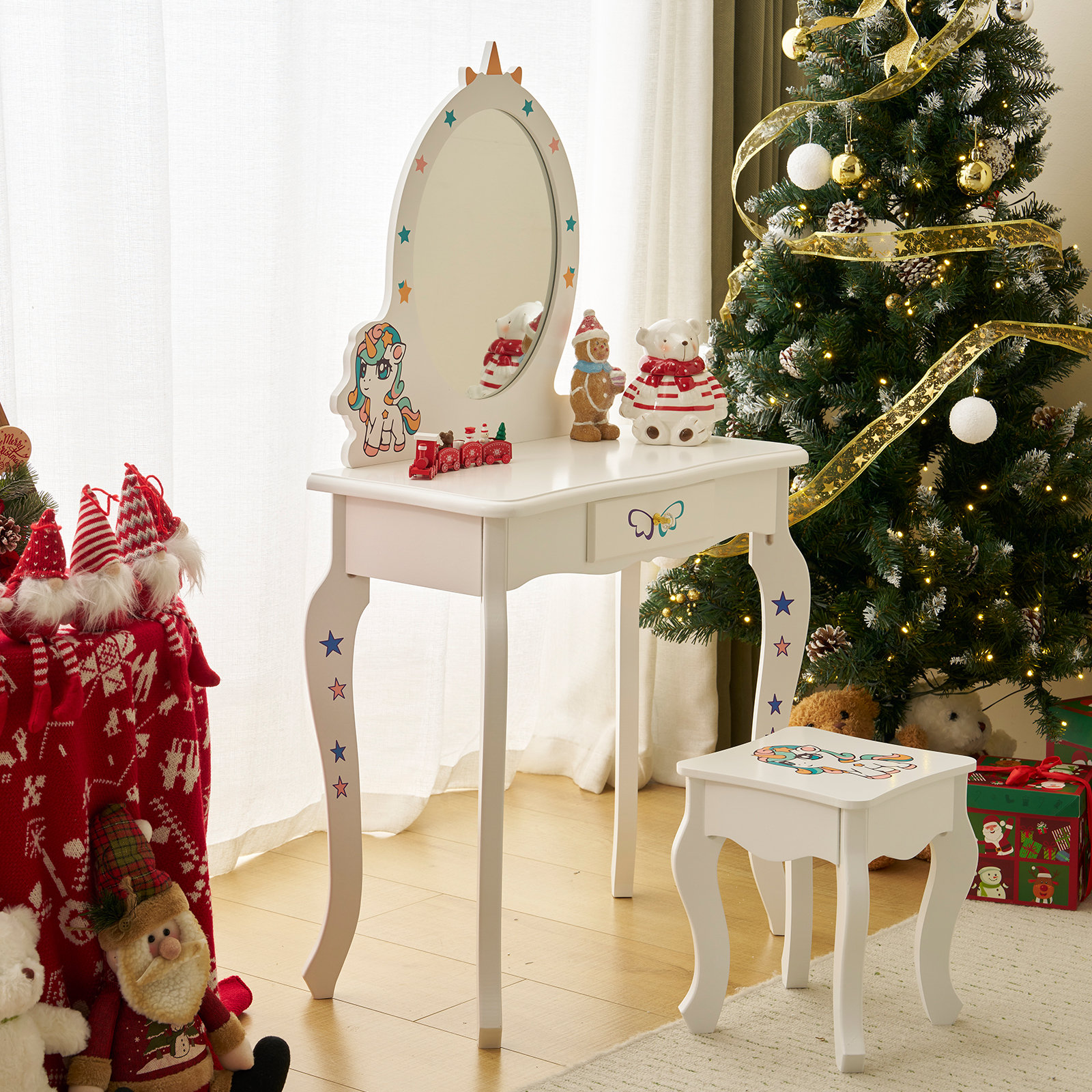 Zoomie Kids 24"W Unicorn Kids Vanity Set With Mirror | Wayfair