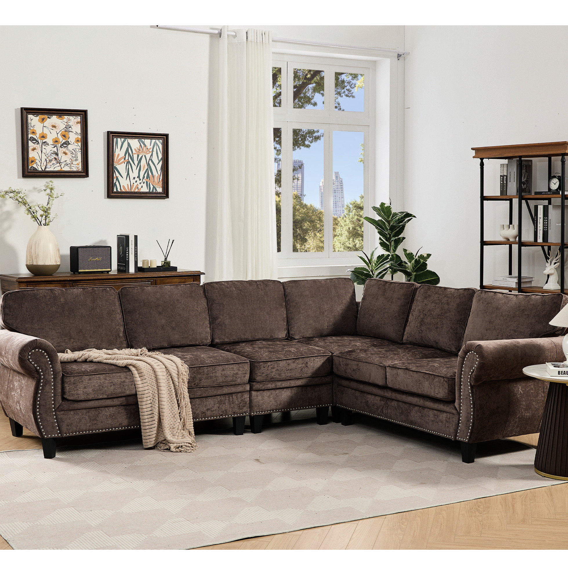 TUOXIN Chocolate L Shaped Sectional , 6 Seater, Chenille Upholstery ...