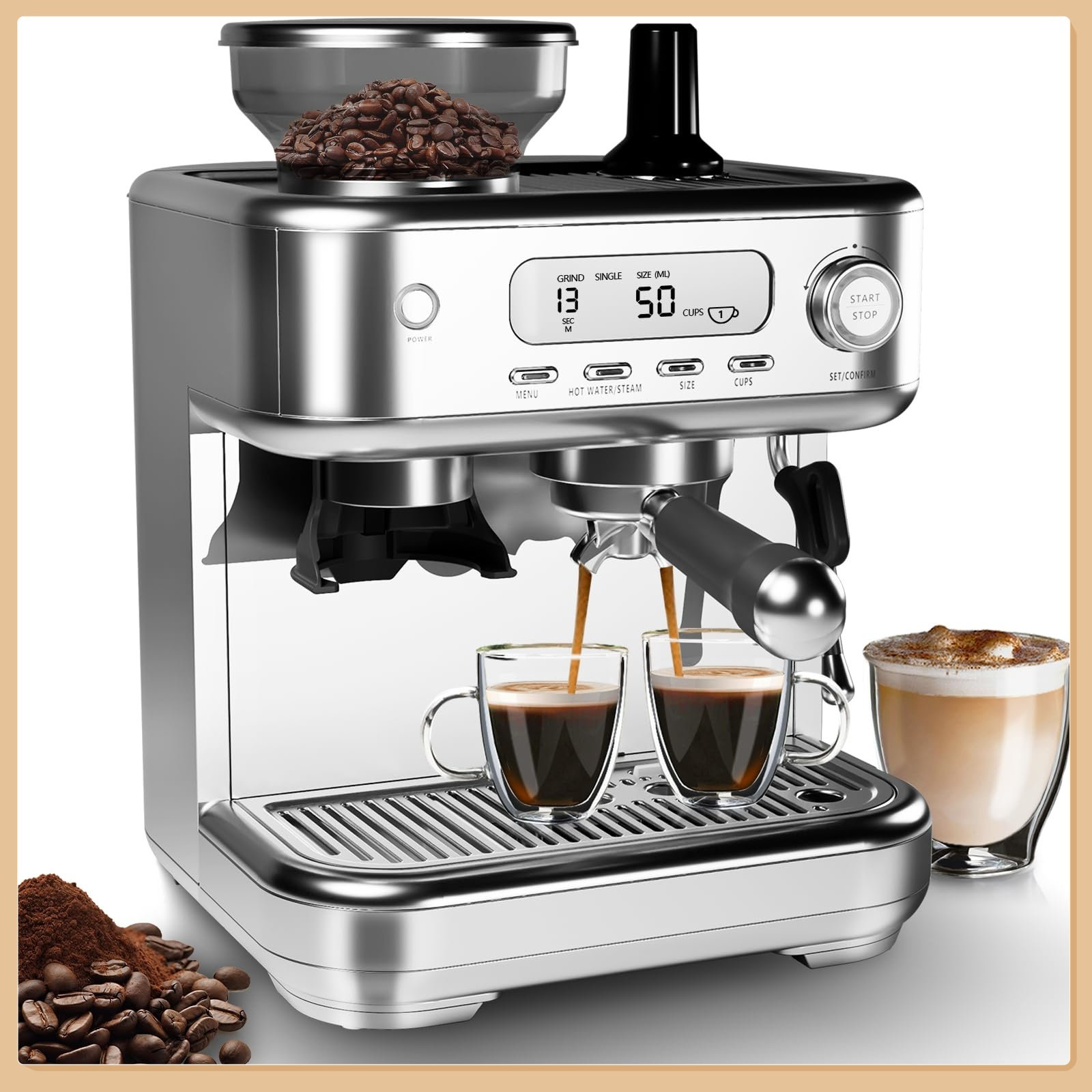 ASOPIX Espresso Machine 15 Bar, LCD Display Espresso Maker with Grinder ...