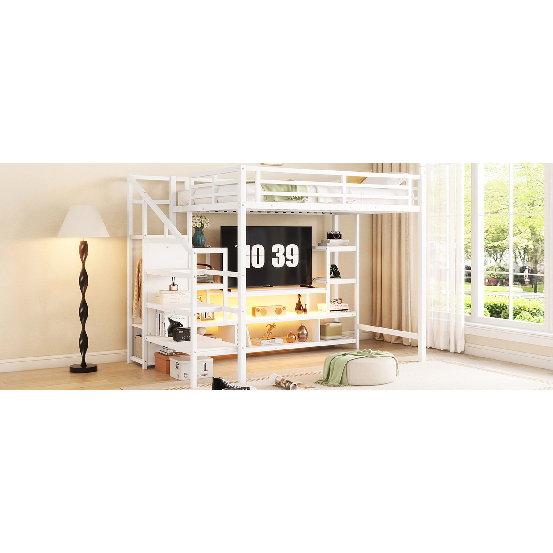 17 Stories Metal Loft Bed With Tv Cabinet, Stairs & Wardrobe ...