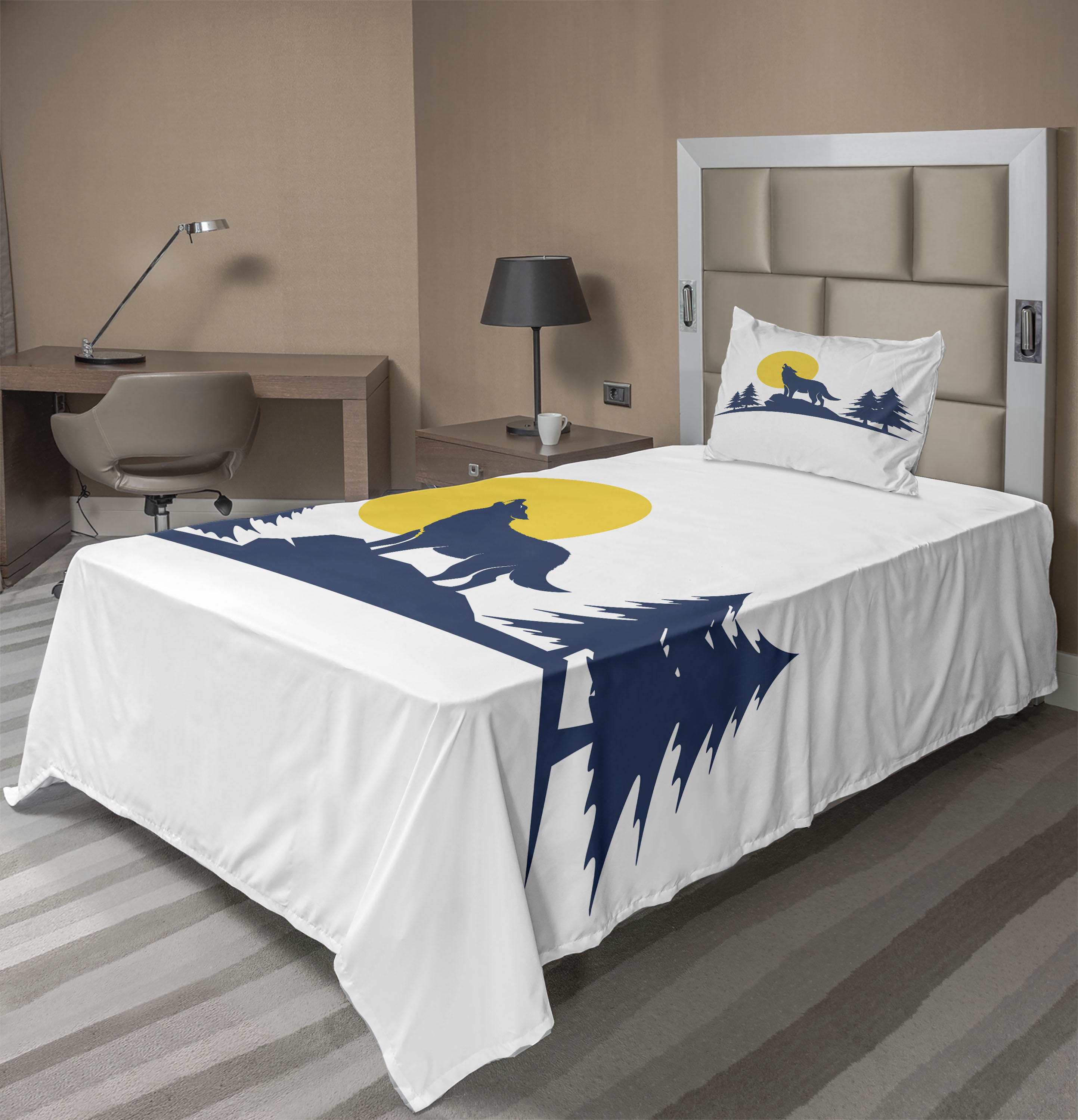 Ambesonne Wolf Sheet SetHowling Animal Pine Trees Art Yellow and Dark ...