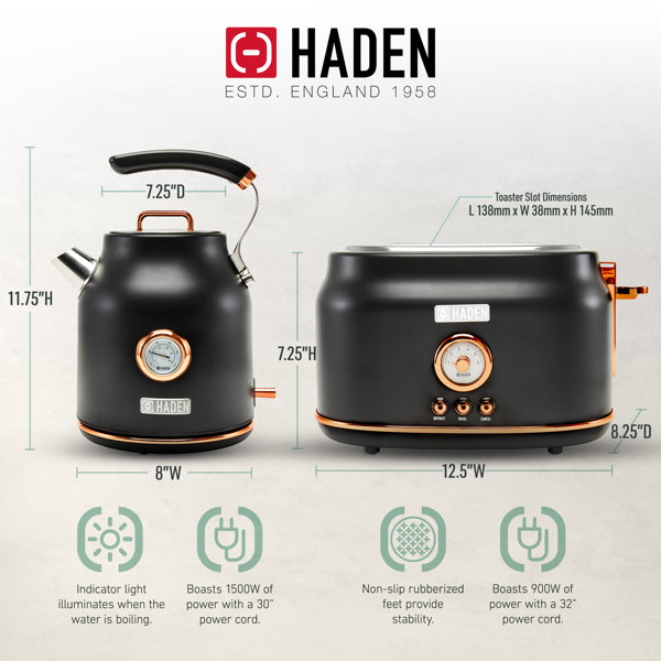 Haden 1.7L Electric Kettle and 2 Slice Wide Slot Toaster Kitchen ...