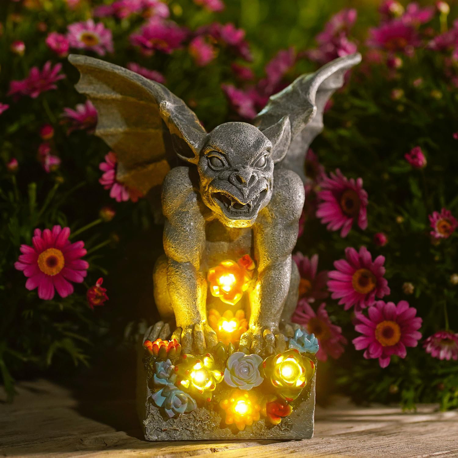 Trinx Solar Gargoyle Garden Statue With Succulent Lights | Wayfair