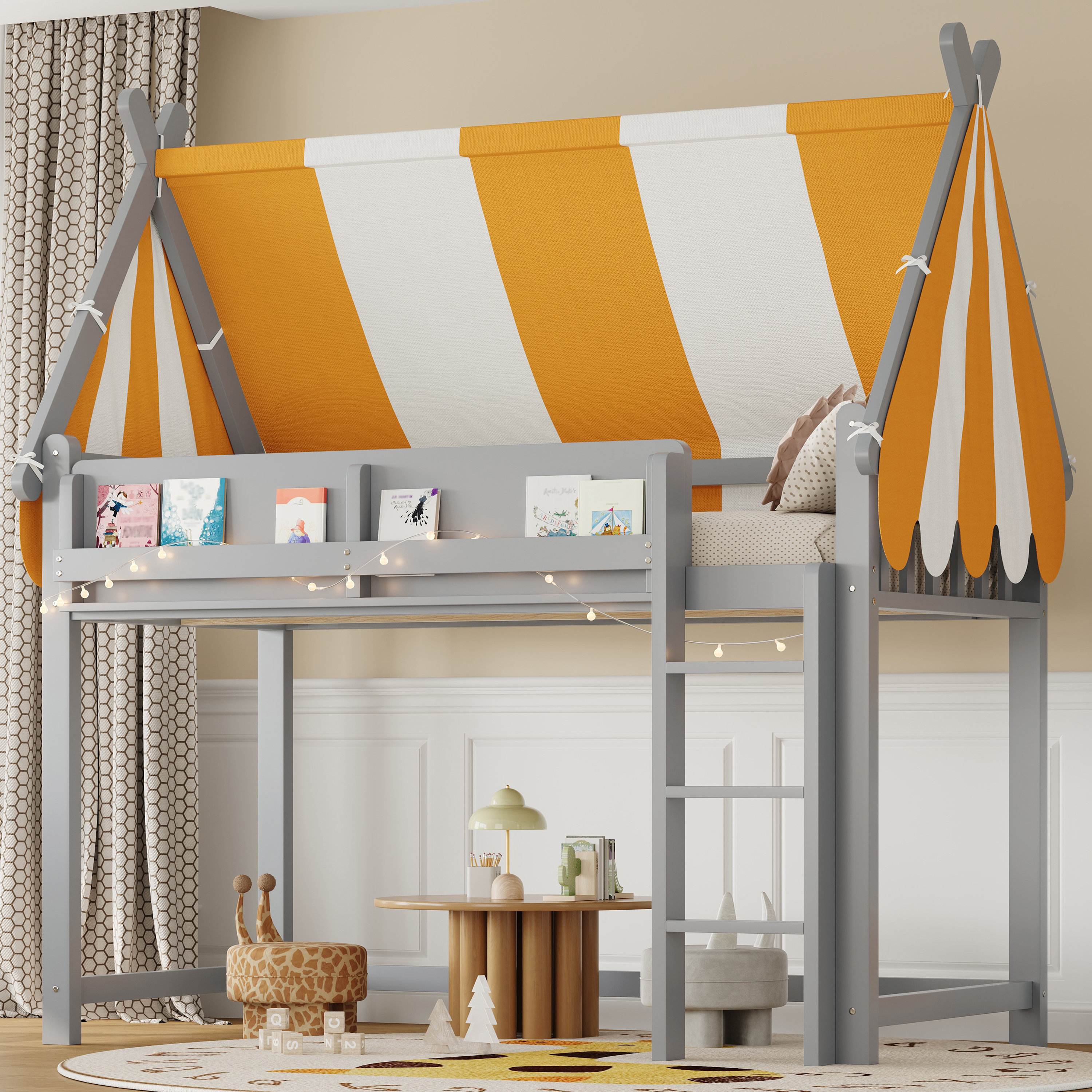 Harriet Bee Full Size Kids Loft Bed with Canopy, LED Lights & Bookshelf ...