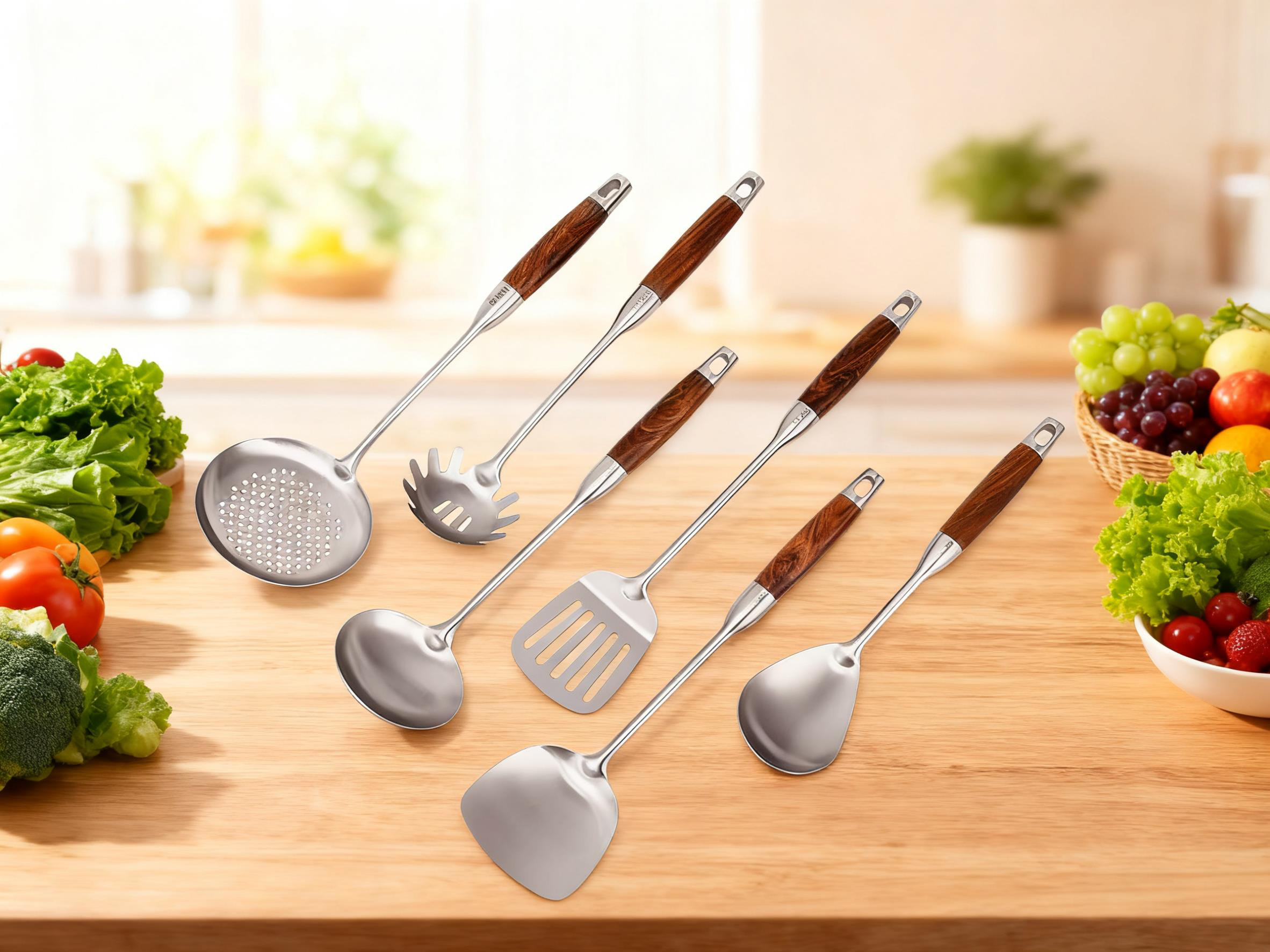 Xiangong 6-Piece Stainless Steel Kitchen Utensil Set With Wood Handles ...