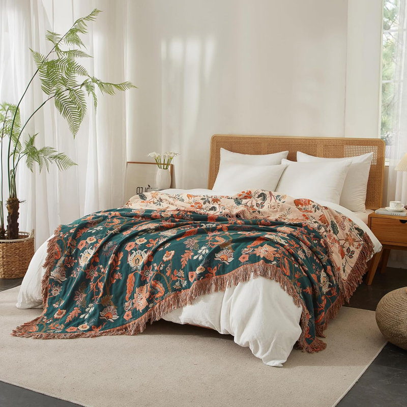 Tobran Boho Throw Blanket,Ultra Soft 4-Layer Muslin Quilt with Vintage ...