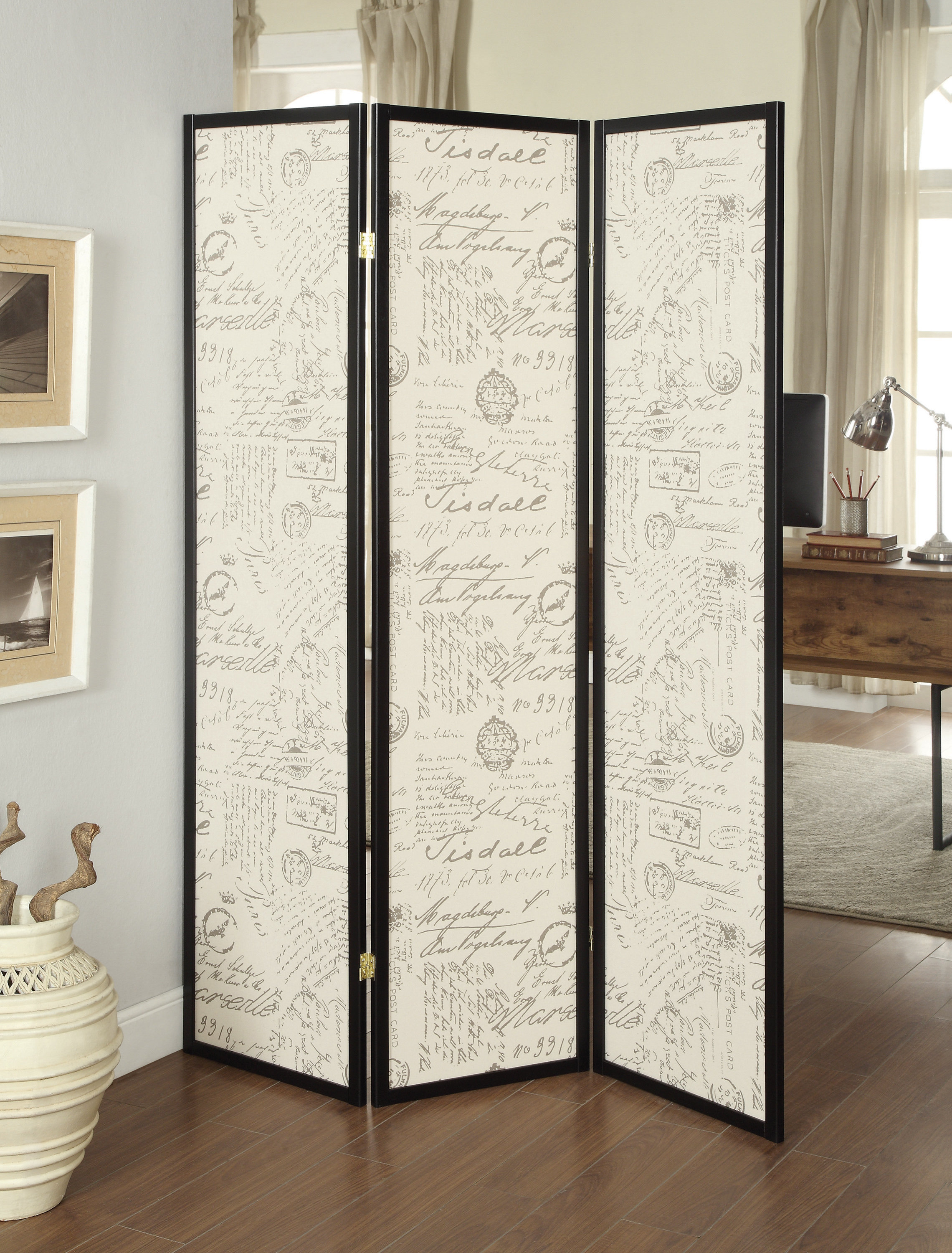 Ophelia & Co. Eulalee 3-Panel Room Divider Folding Screen French Script ...