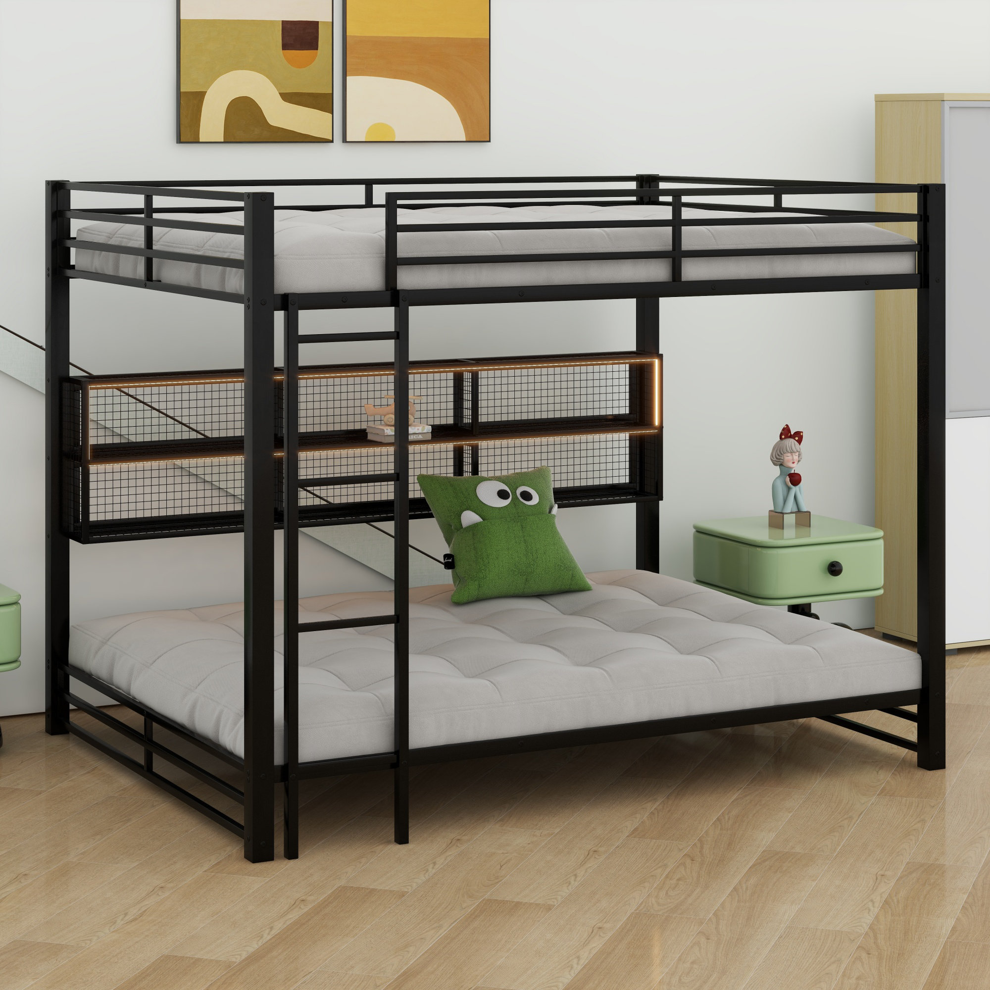 Mason & Marbles Metal Bunk Bed With Storage Cabinets And LED | Wayfair