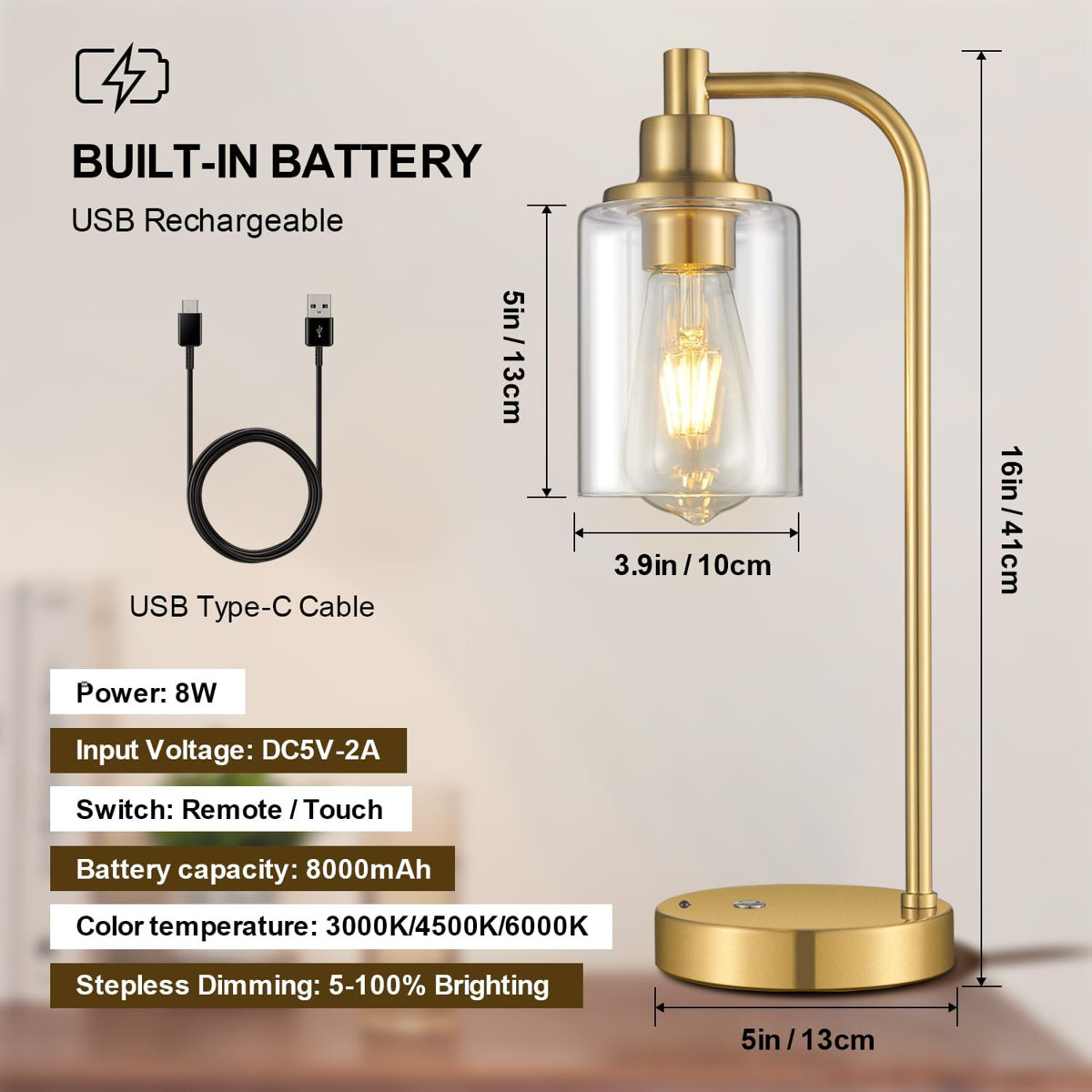 Hokku Designs Rechargeable Cordless Table Lamps With 8000Mah Battery ...