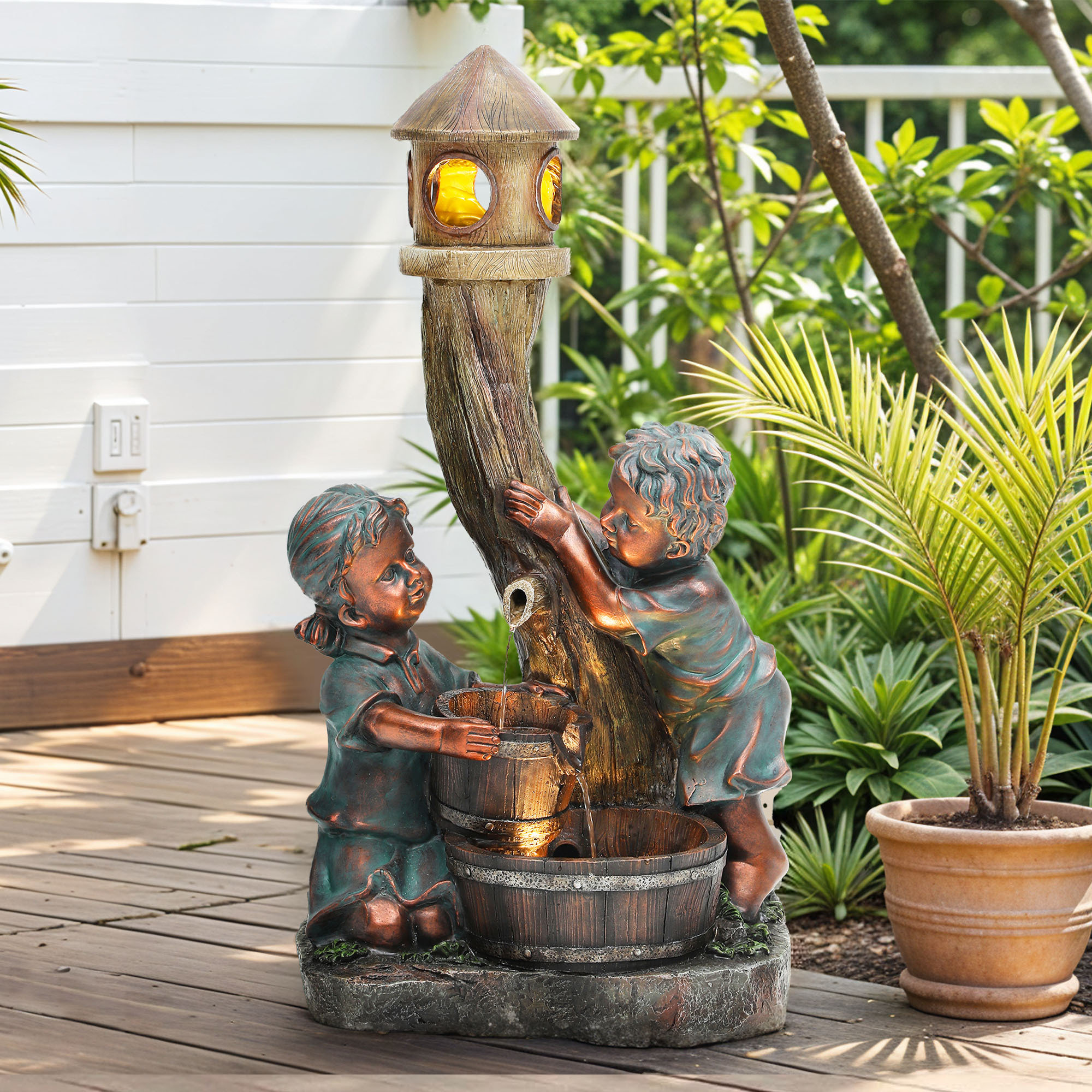 Millwood Pines 30.7"H Boy and Girl LED Outdoor Fountain Weather ...