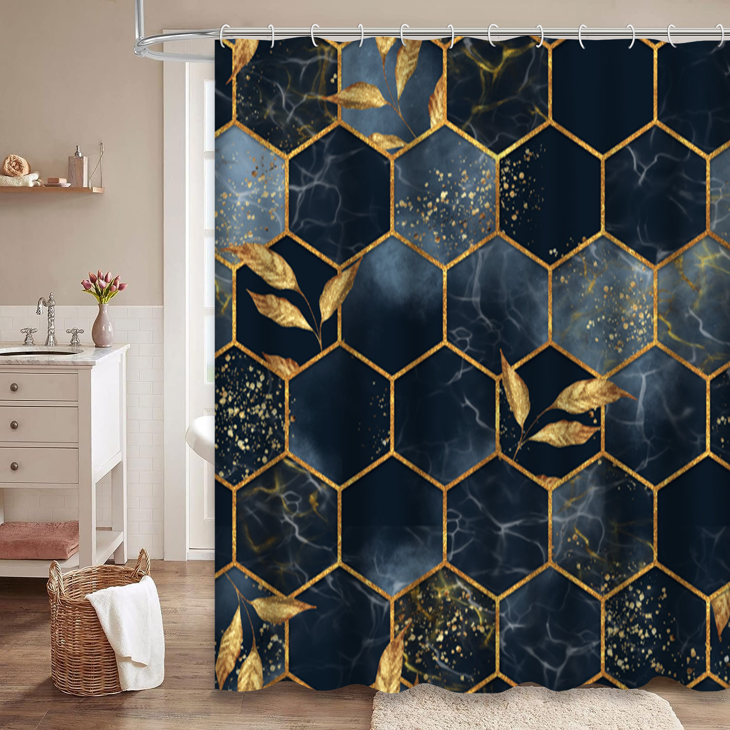 East Urban Home Marble Hexagon Seamless En Leaves Abstract Shower Curtain, 12 Hooks | Wayfair