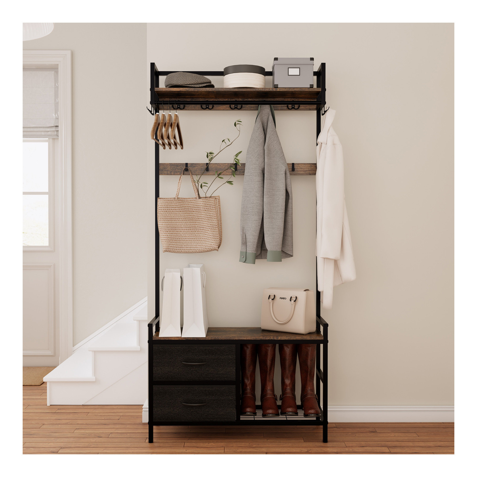 17 Stories Wide Hall Tree with 2 Movable Drawers, Shoe Storage, Shelves ...