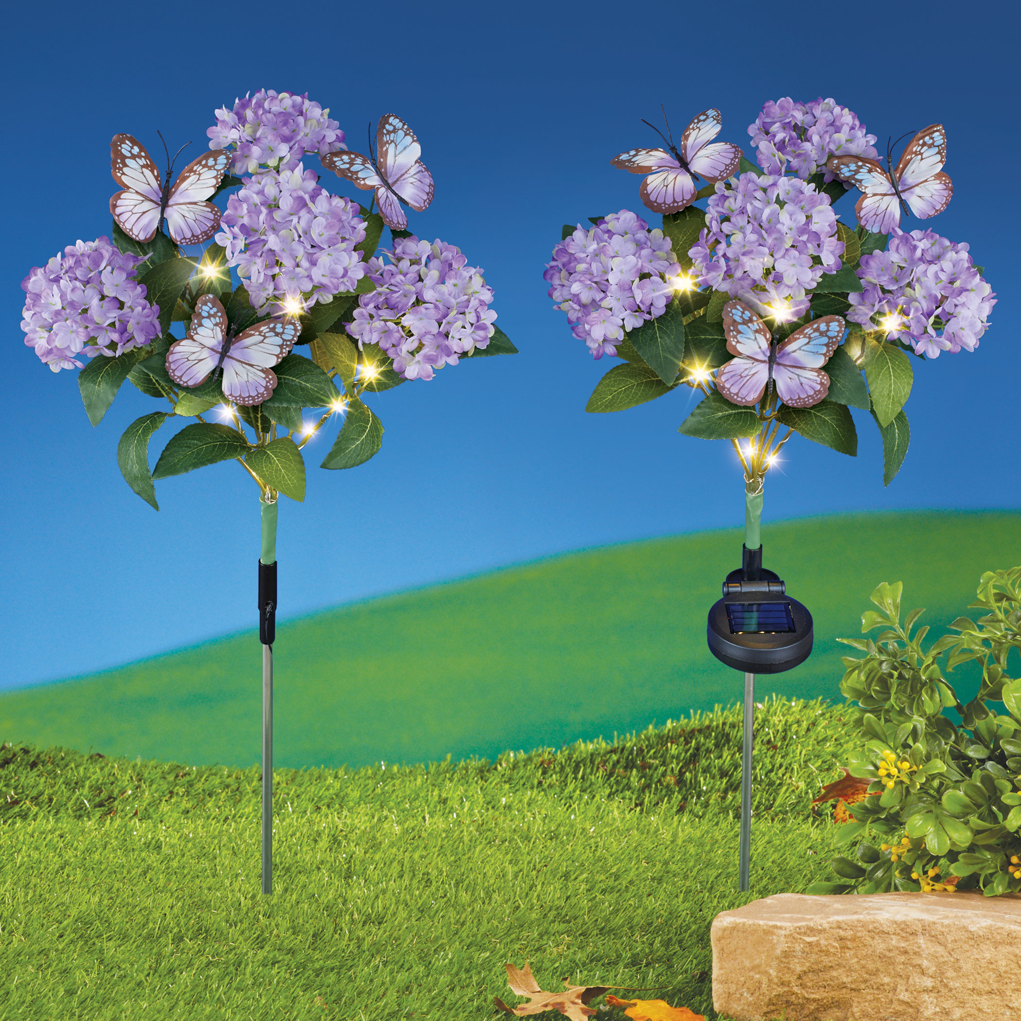 Arlmont & Co. Solar Powered Hydrangeas and Butterflies Stakes - Set of ...