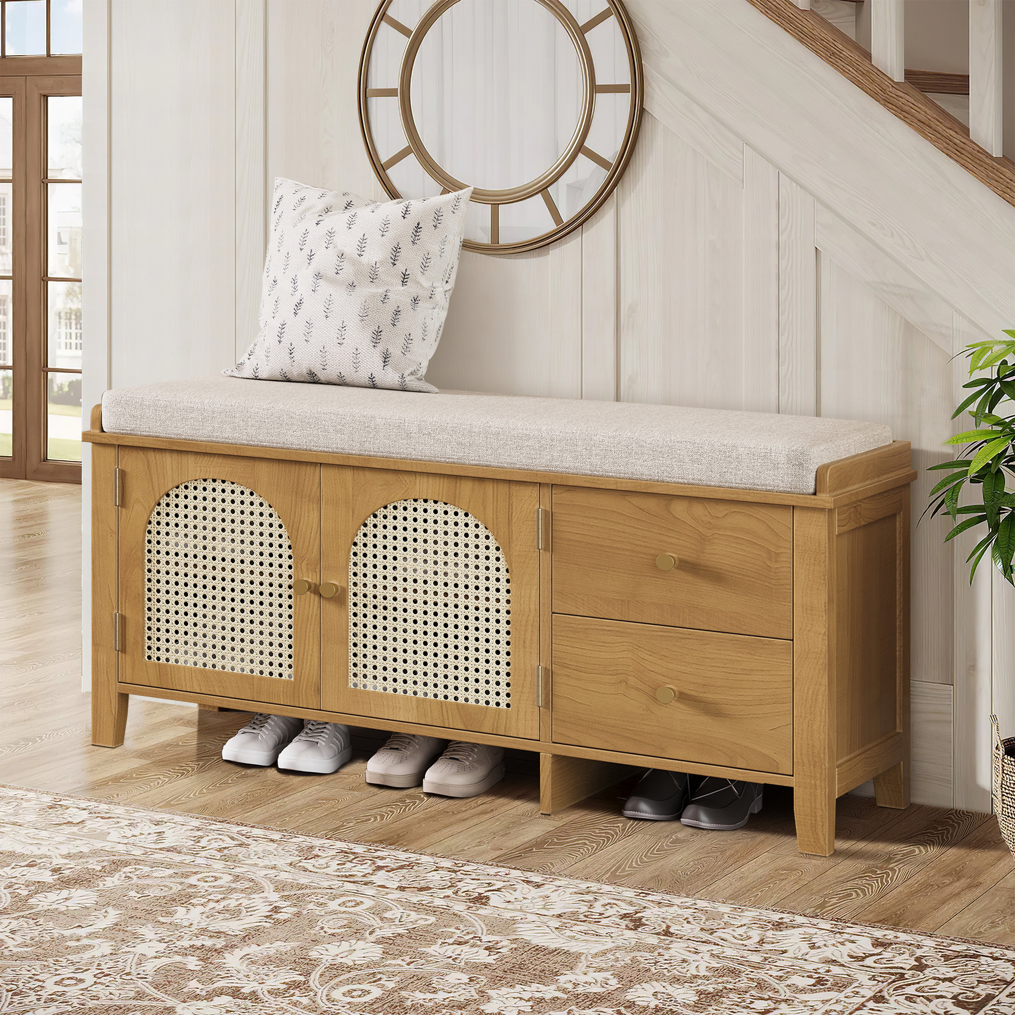 Bayou Breeze Cushion Shoe Storage Bench, 2 Drawers And 2 Rattan Door ...