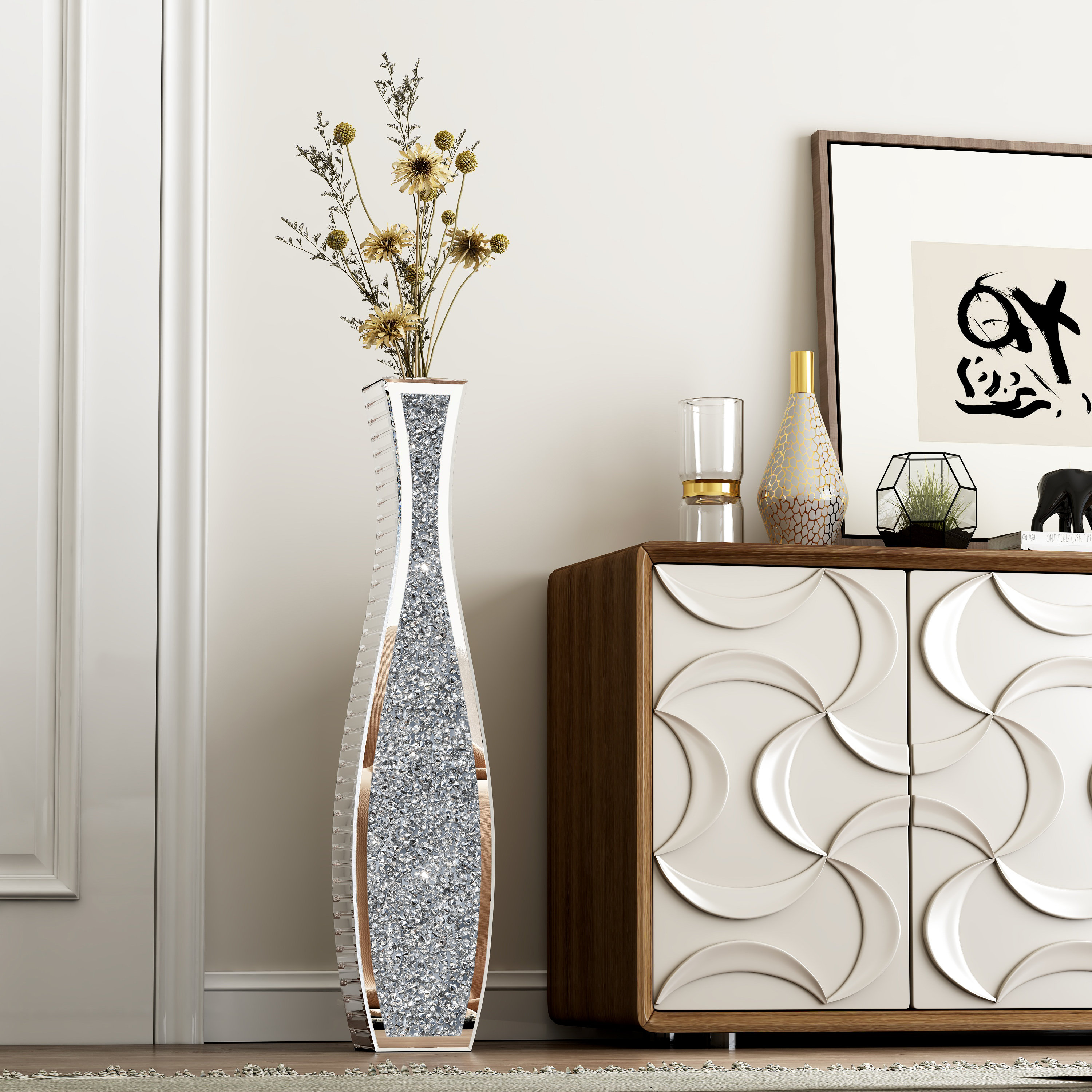 Canora Grey Azeria Handmade Mirrored Glass Floor Vase Crushed Diamond ...