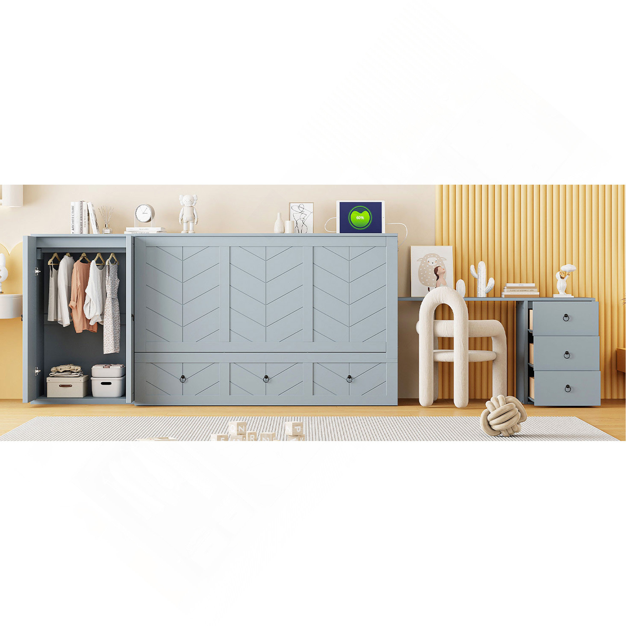 Longshore Tides Queen Size Murphy Bed With USB Port, Large Drawer, And ...