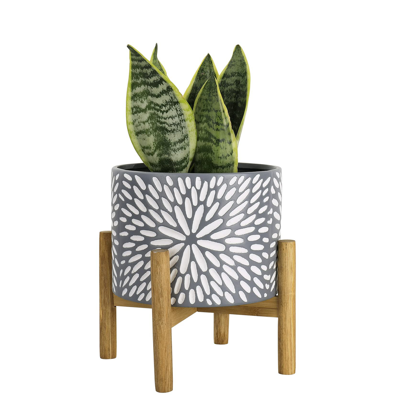 Latitude Run® Modern Ceramic Planter With Daisy Pattern – Sturdy Wood ...