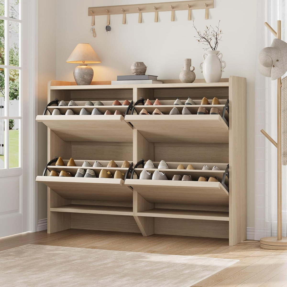 Red Barrel Studio 30 Pair Shoe Cabinet with 4 Flip Drawers, Wooden Shoe ...