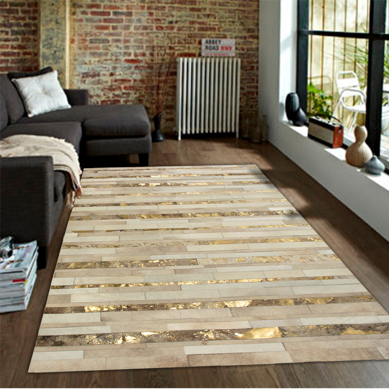 Cowhide Mall Kronos Striped Handmade Leather Ivory/Gold/Brown Area Rug ...