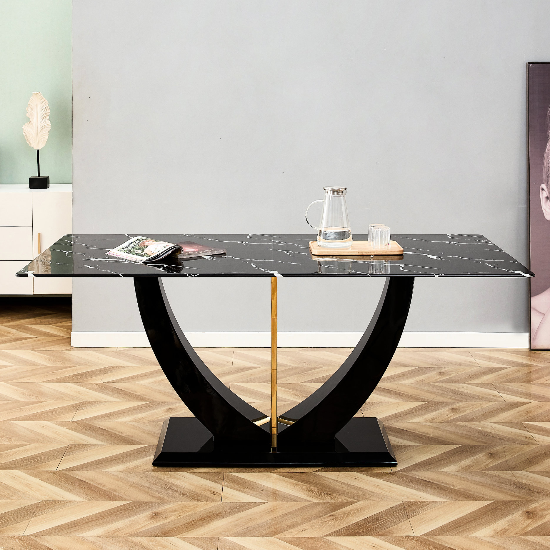Ivy Bronx Tempered Glass Desk With Modern Marble Texture - Suitable For ...