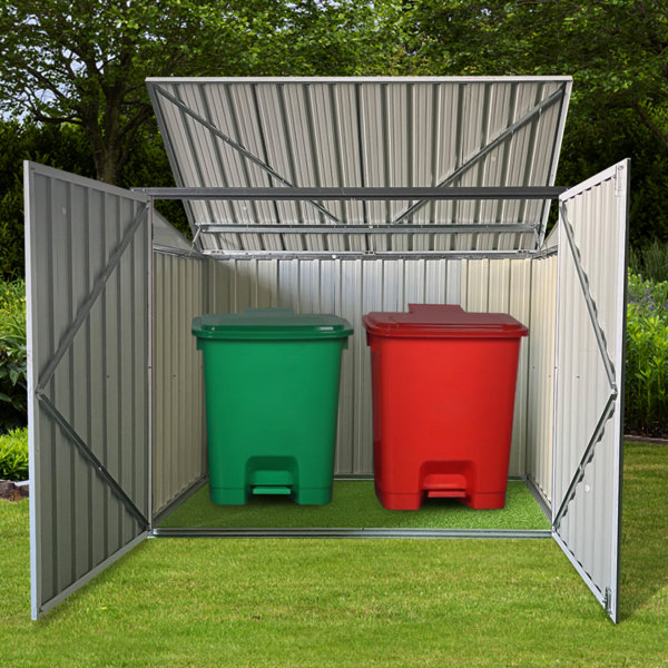 iYofe Grey Metal Outdoor Garbage Bin Shed For Storing 2 Trash Cans ...