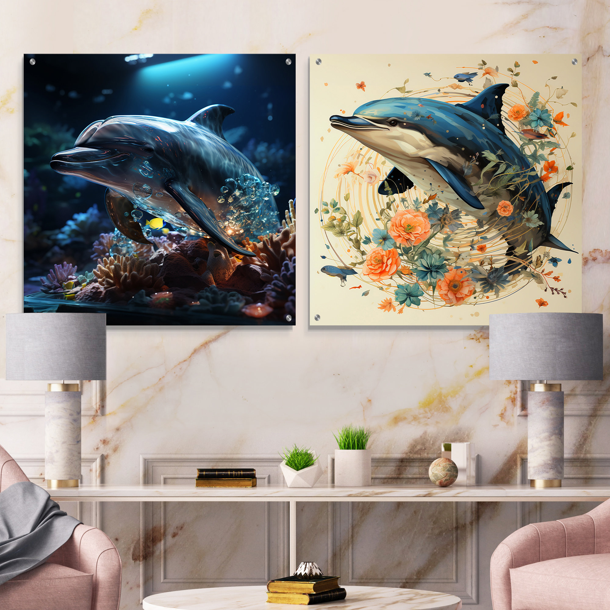 Beachcrest Home™ Dolphin Happiness - Dolphin Acrylic Wall Art Glass Set ...