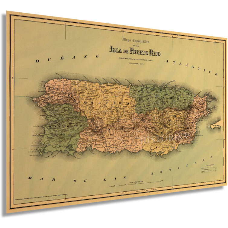 HISTORIC PRINTS Historix Vintage 1886 Puerto Rico Map Wall Art - 16X24 ...