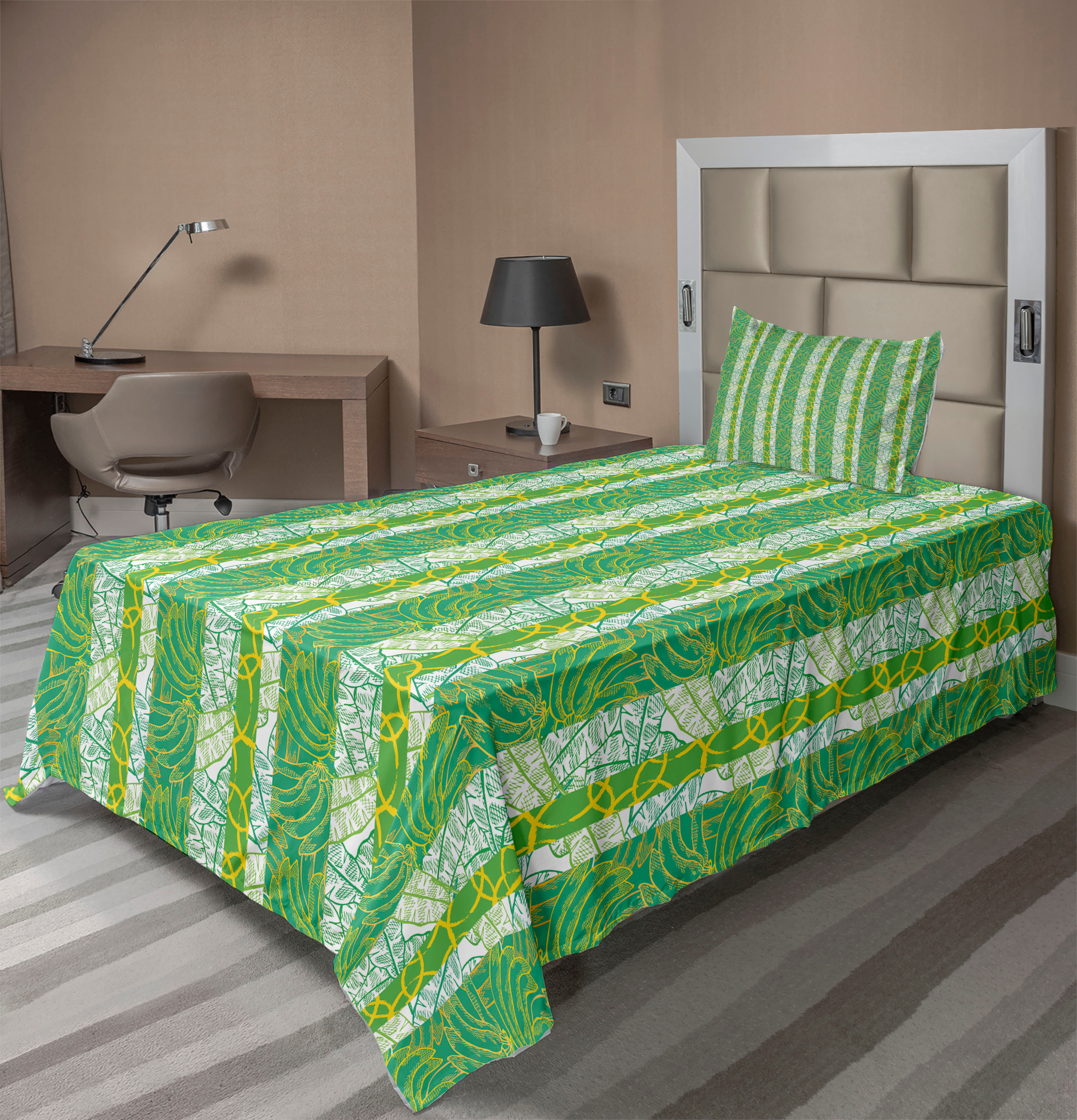 Ambesonne Tropical Sheet Set 3 Pcs Bananas Virtical Lines Fern Green ...