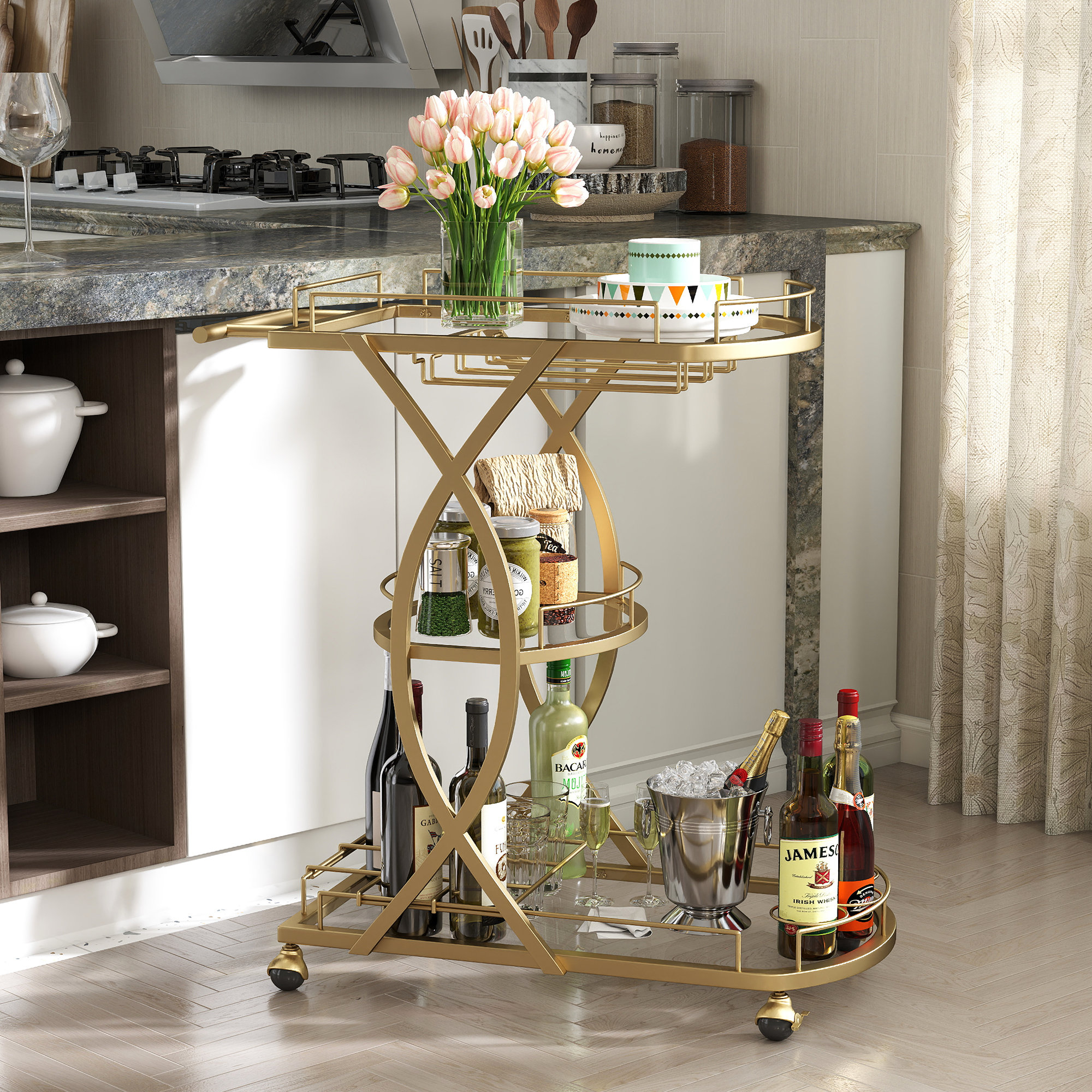 Willa Arlo™ Interiors Bairoil Metal 3 Tiers Bar Cart with Wine Glass ...