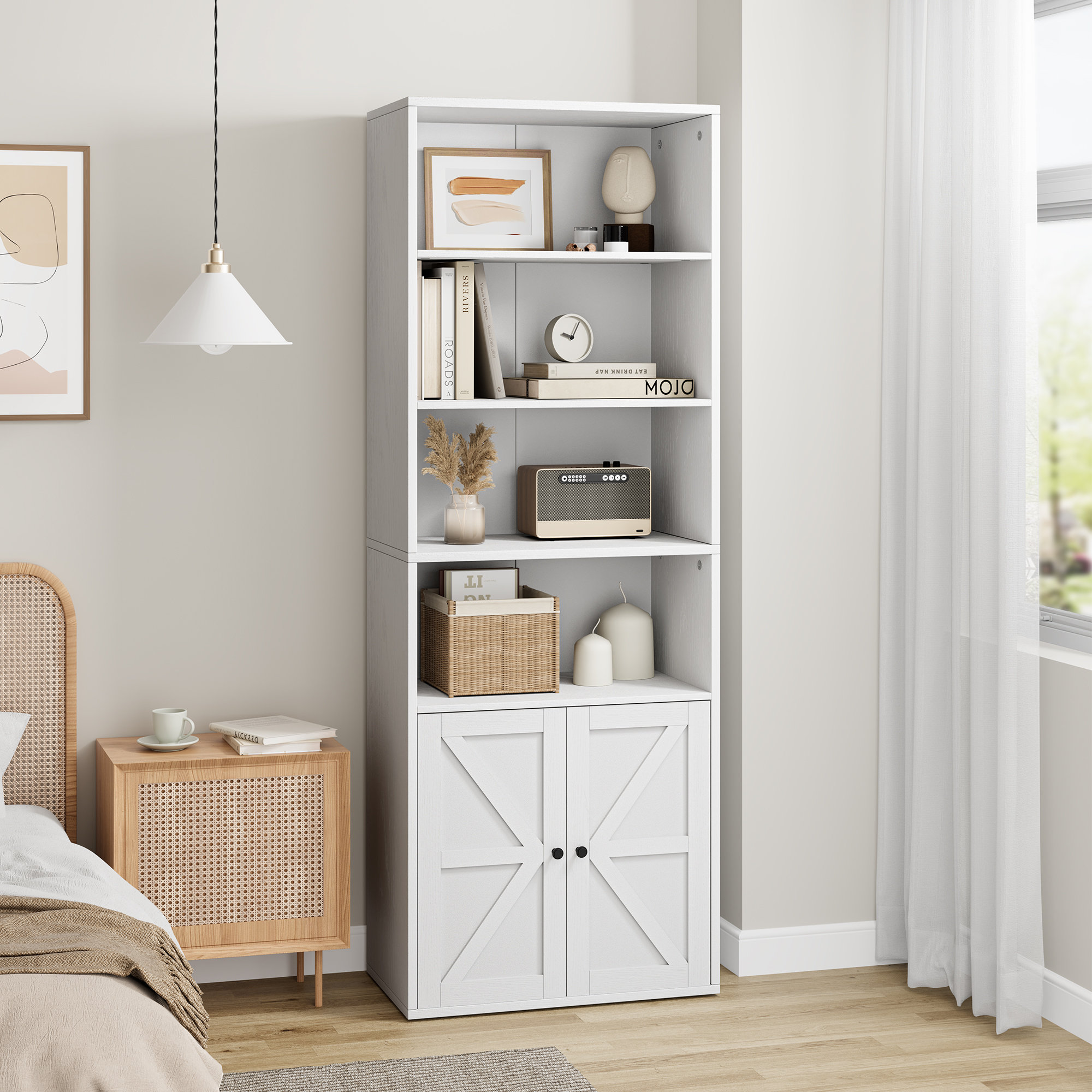 Gracie Oaks White Bookcase With Doors Farmhouse Bookshelf - Wayfair Canada