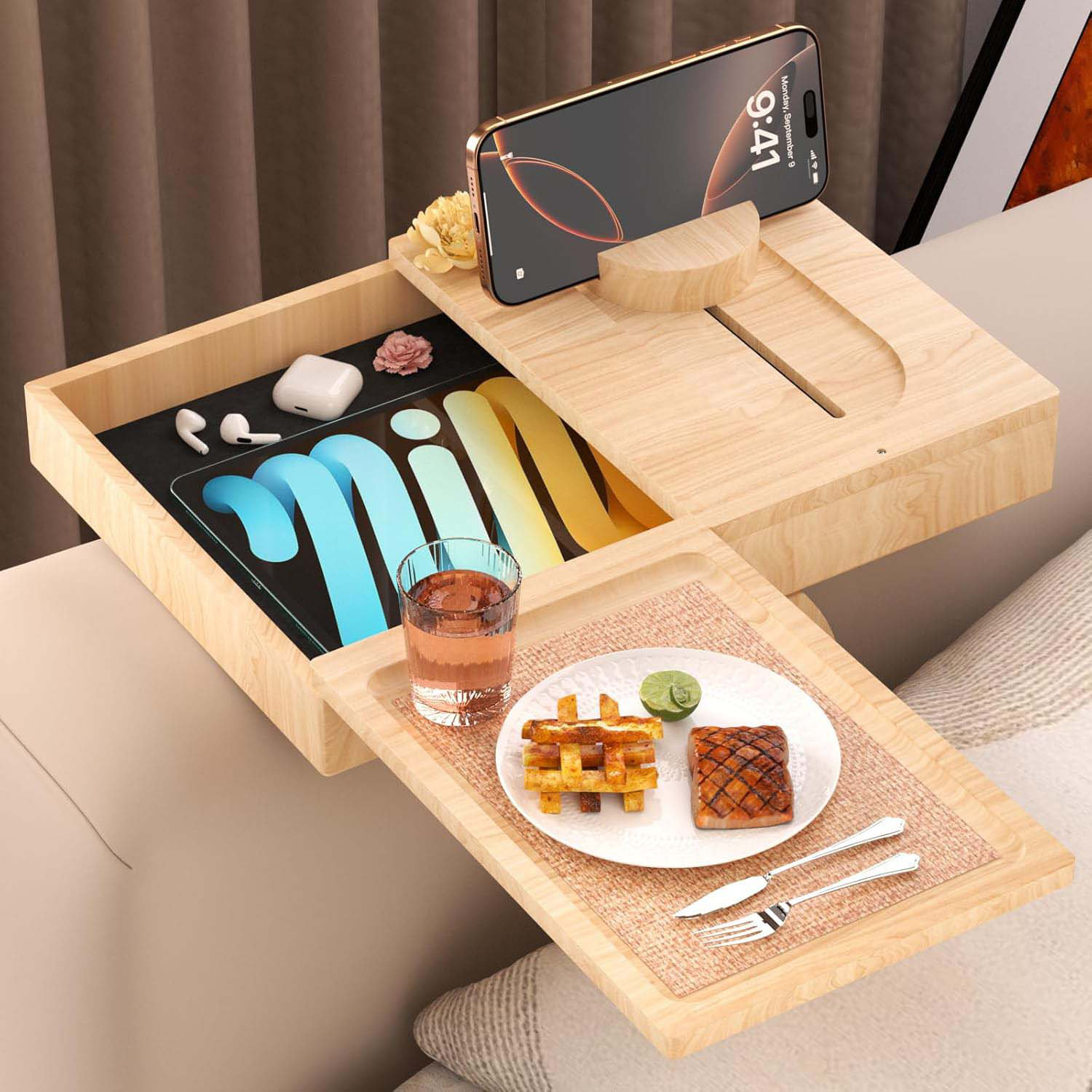 Latitude Run® Bamboo Couch Armrest Table With Couch Cup Rest,Non-Slip ...