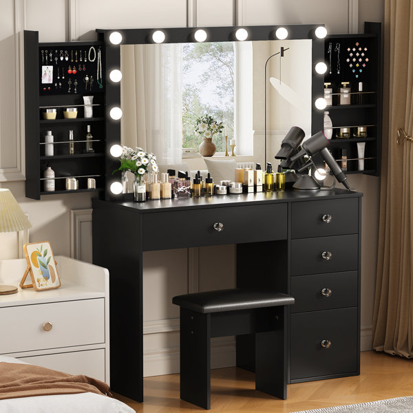 Latitude Run® Calijah Makeup Vanity with Hidden Sliding Storage Shelves ...