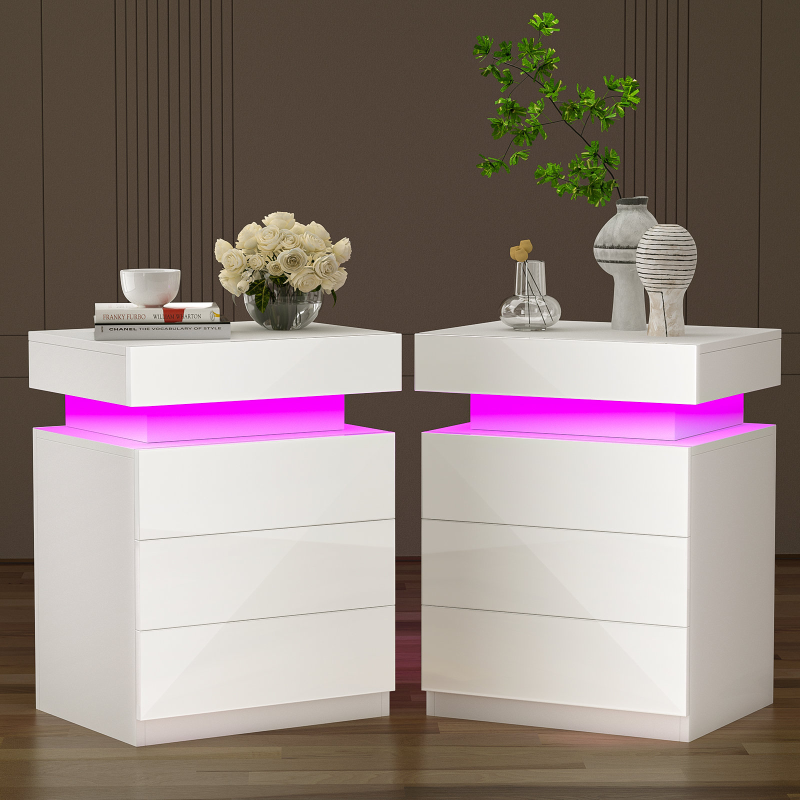YILQQPER Nightstand with LED Lights, 3 Drawers and 1 Flapping Top ...