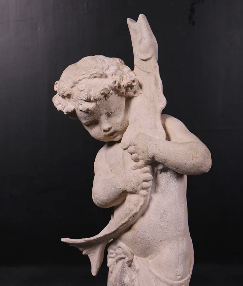 Bloomsbury Market Cupid With Fish Stone Life Size Statue | Wayfair