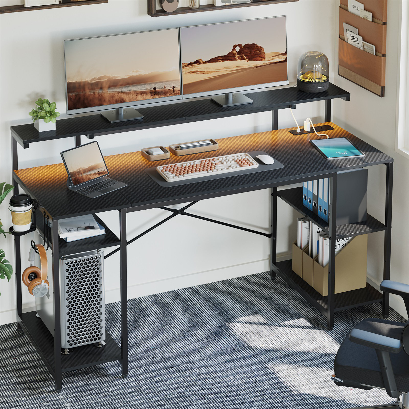 Inbox Zero Gaming Desk With Monitor Stand And Power Outlets | Wayfair