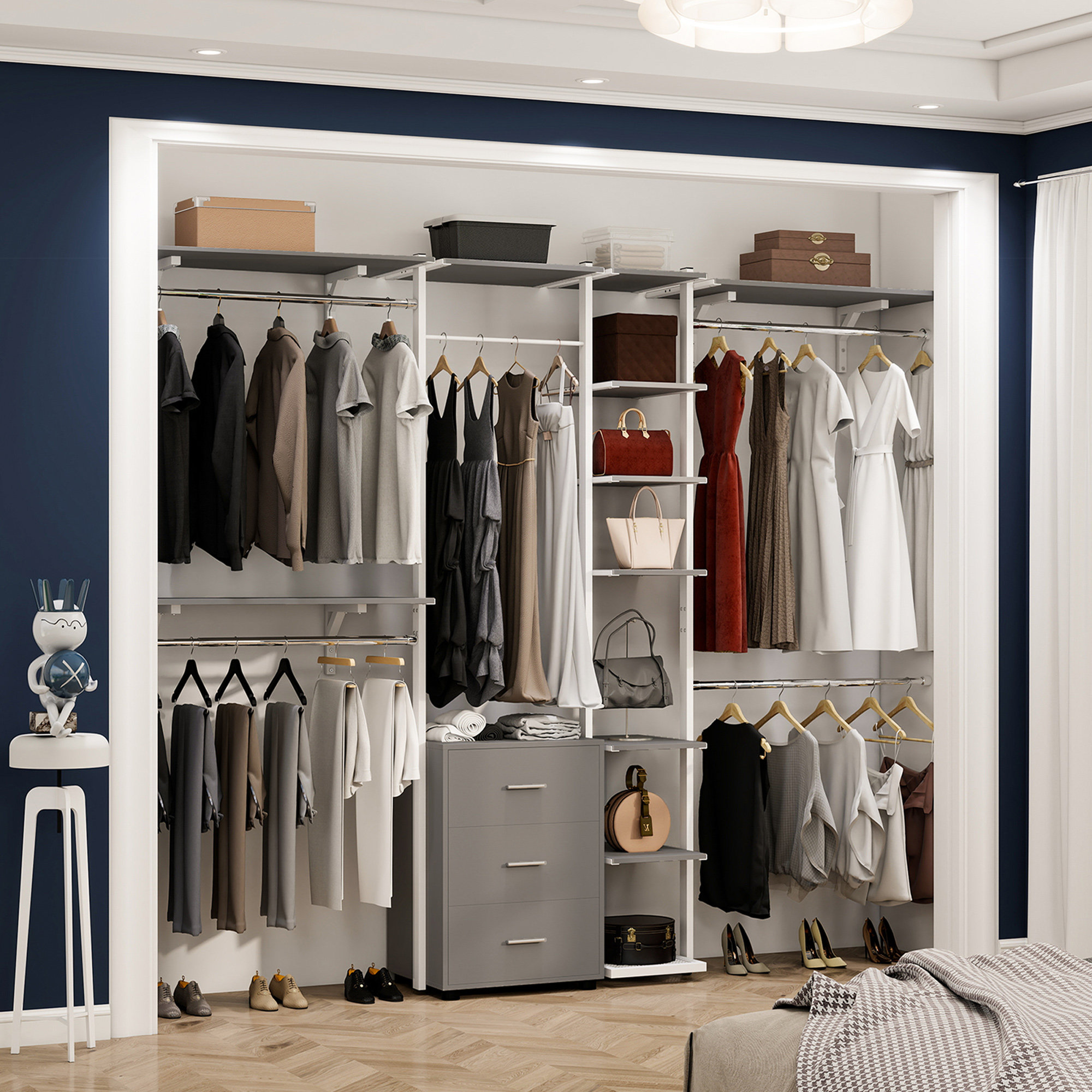 Aheaplus 96'' Closet System with 5 Hanging Rods and 3 Wood Drawers ...