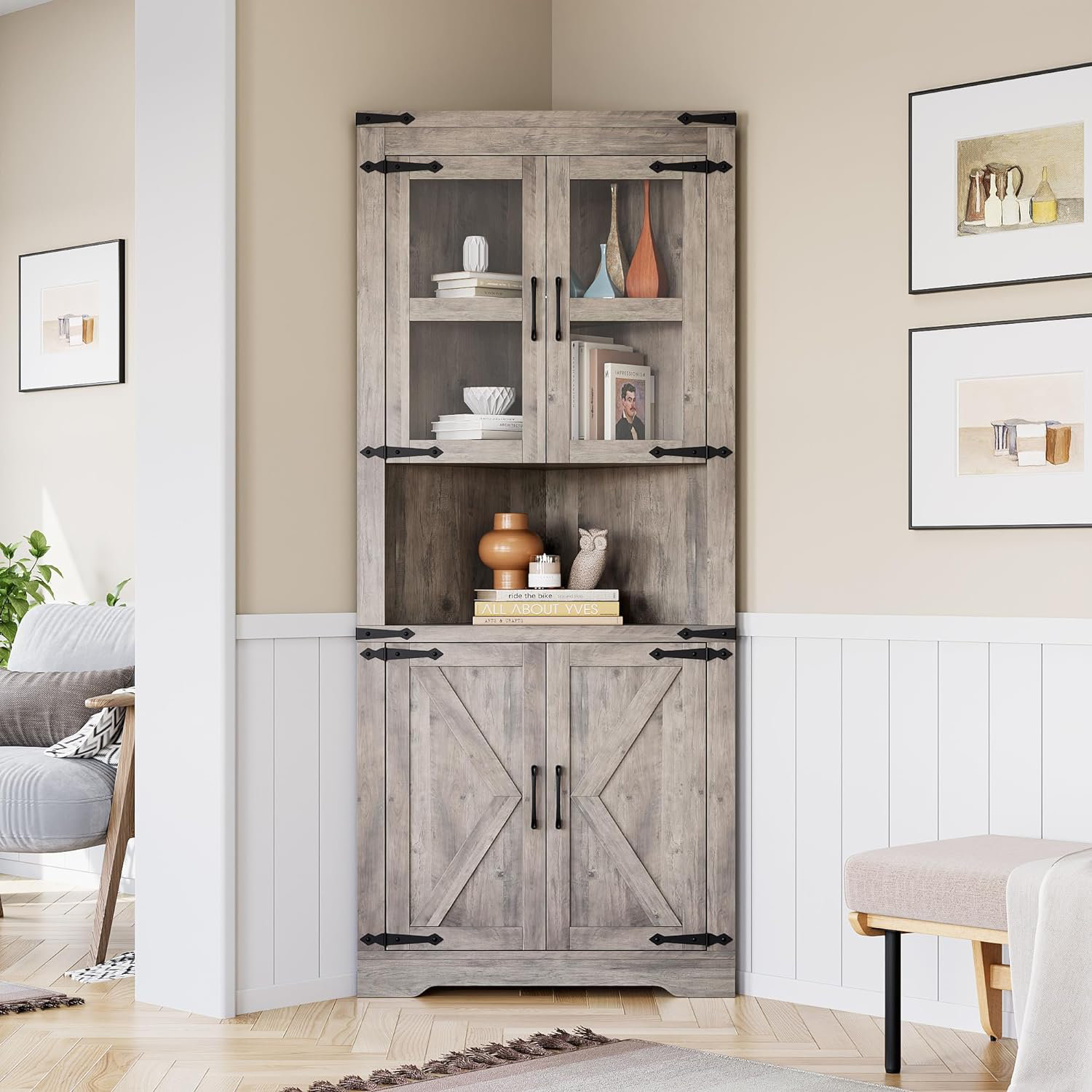 August Grove® Farmhouse Corner Cabinet, Tall Corner Storage with Glass ...